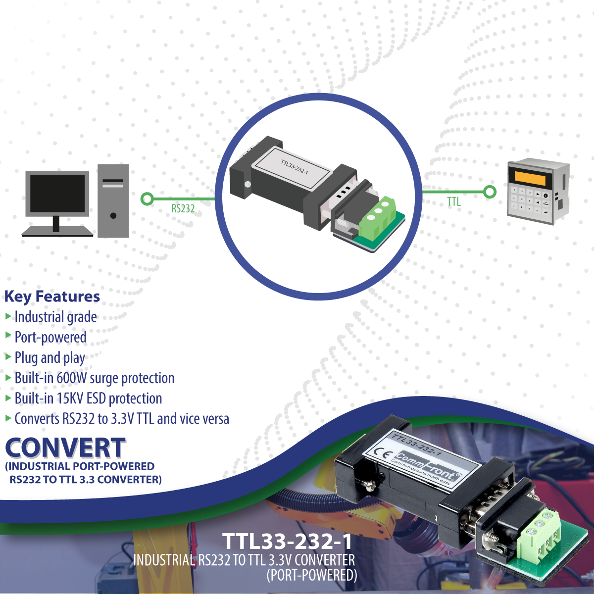 RS232 to TTL 3.3V Converter (Industrial / Port-Powered) – CommFront